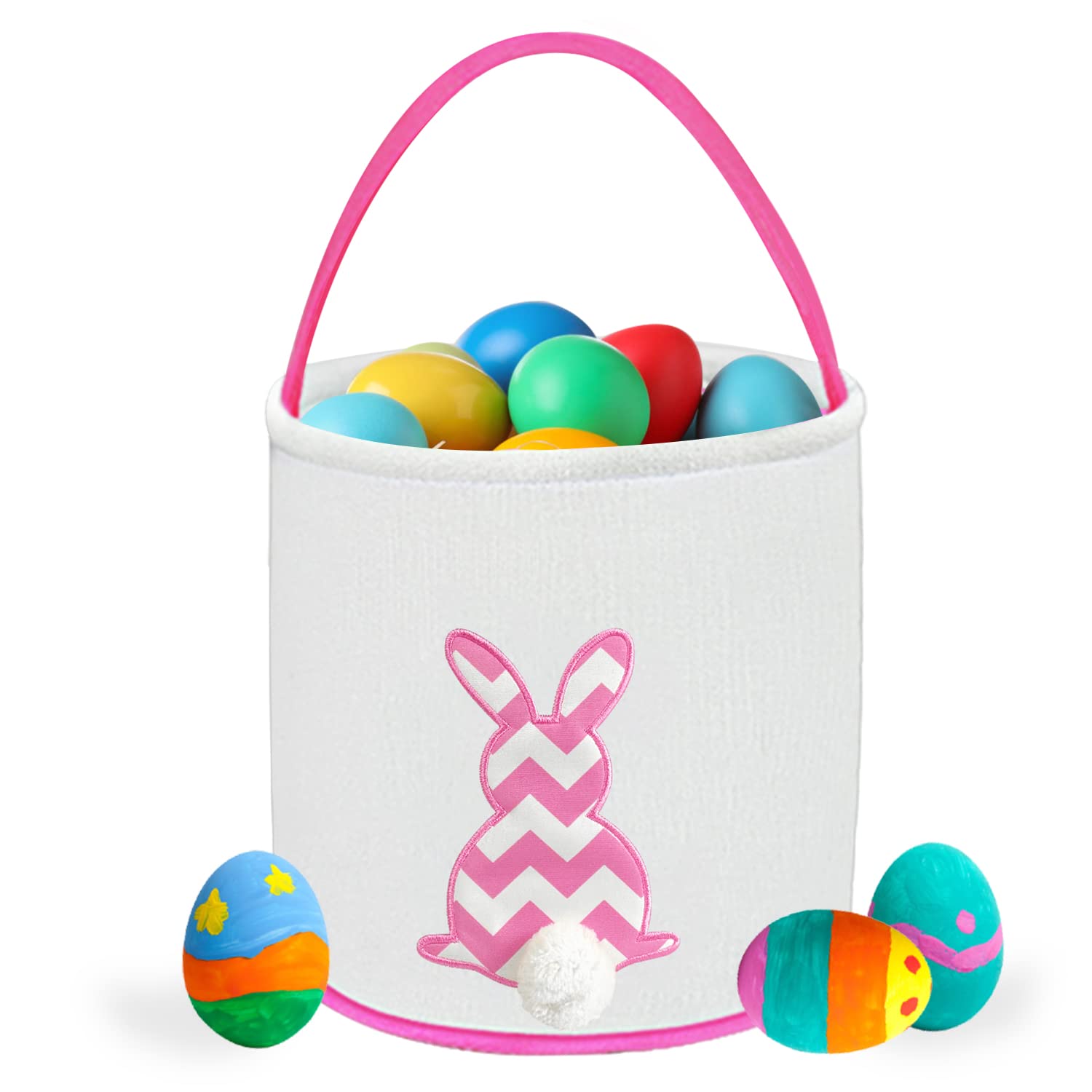 Easter Bunny Basket Bags for Kids, Easter Gift Bags Canvas Cotton Carrying Eggs Hunt Bag, Kids Bunny with Fluffy Tails Tote Bag for Easter Decorations-Pink