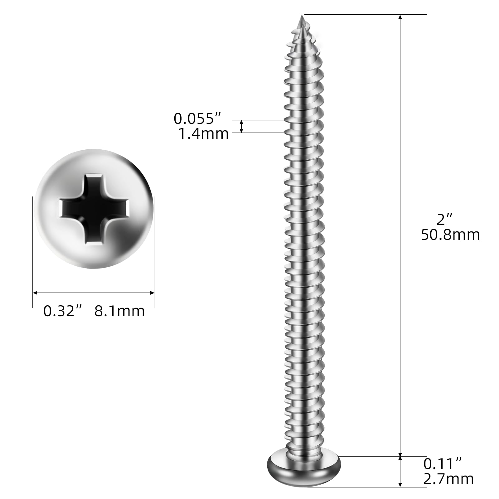 #8 x 2 Pan Head Self Tapping Screw, Pan Head Sheet Metal Screws Wood Screws, Stainless Steel 304 (18-8), 50 Pack