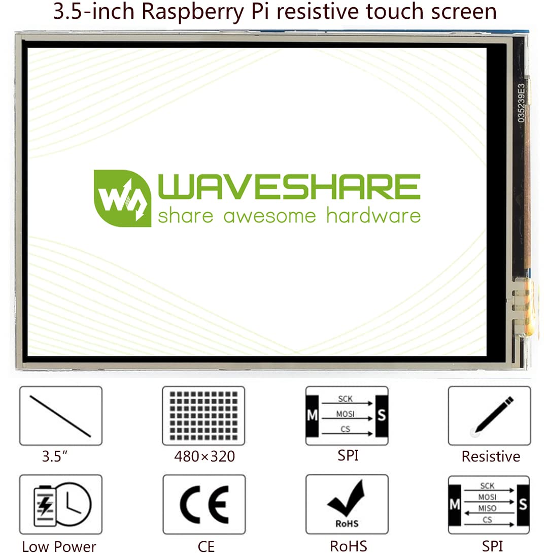 waveshare 3.5 inch Touch Screen TFT LCD 480x320 Pixel Display Monitor SPI Interface XPT2046 Controller, for Raspberry Pi 4B/3B+/3B/2B/Zero/Zero W/Zero WH