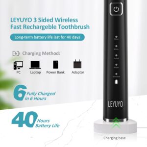 LEYUYO Travel Sonic Electric Toothbrush 360° Cleaning 3 Sided Brush Head 3D Waterproof Rechargeable Tooth Brush for Adults with 4pcs Brush Heads Replacement, Timer, 5 Modes, Black