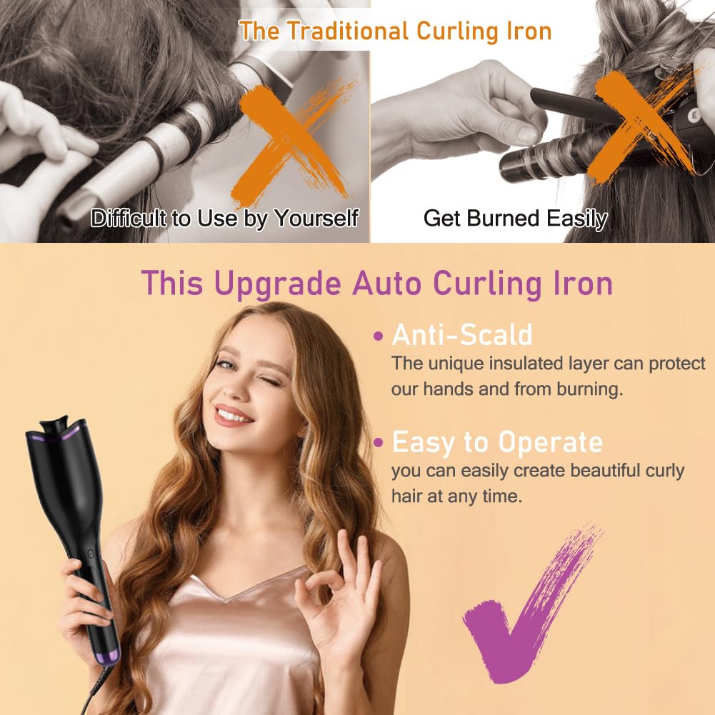 Upgrade Automatic Hair Curler,BEJARM Rotating Curling Iron with 1" Large Barrel Ideal for Mid Length to Longer Hair, Auto Curling Wand with Anti-Scald