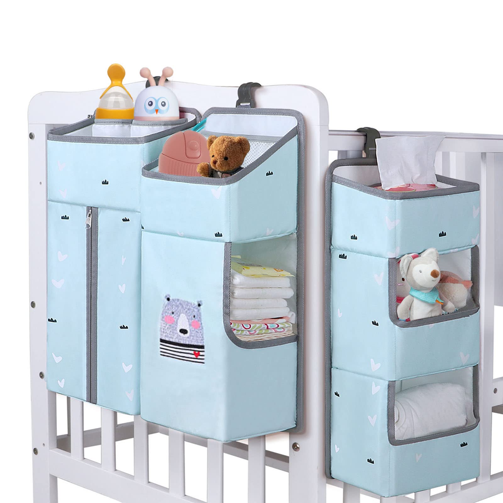 NGORAY Hanging Baby Diaper Caddy Organizers for Crib - 3-in-1 Diaper Stacker for Changing Table Nursery Organization Storage Holder for Baby Essentials Attachment Portable Combining Clothing (Blue)