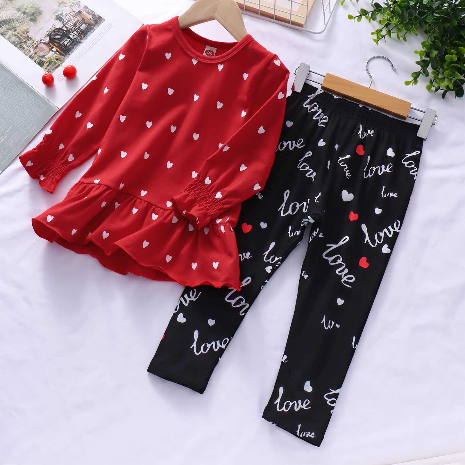 CM C&M WODRO Baby Girl Clothes Valentines Day Toddler Outfit Love Shirt Ruffle Long Sleeve Sweatshirts Top Pants Legging Set 1-5T (Red, 12-18 Months)