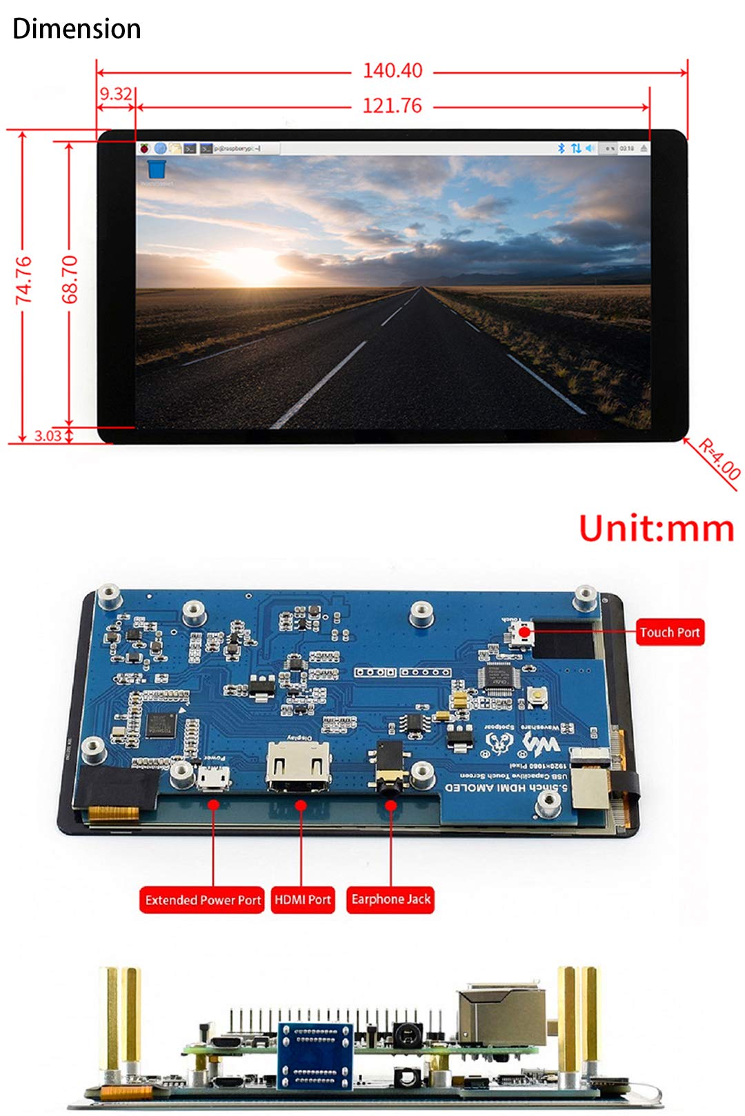 5.5inch Capacitive Touch AMOLED Display, 1080x1920 Pixel LCD Screen with Toughened Glass Cover, Support Raspberry Pi Raspberry Pi 4B/3B+/3B/2B/Zero/Zero W/Jetson Nano/Windows 11 /10 /8.1 /8 /7