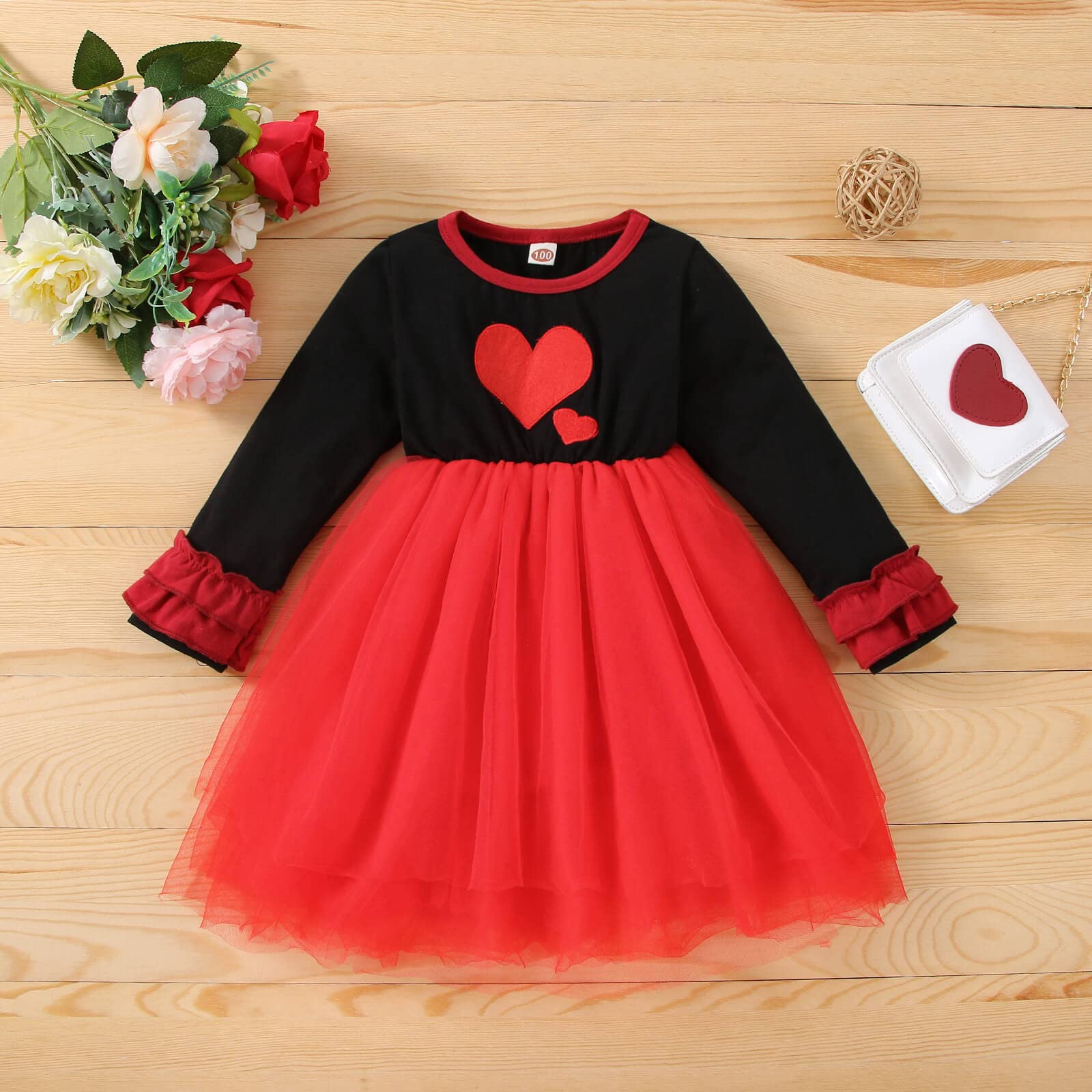 GUMEMO Valentine's Day Kids Toddler Baby Girls Mother's Day Birthday Dress Outfit Long Sleeve Princess Party Tutu Skirt Dress Playwear Clothes (3-4 Years, Black+Red)