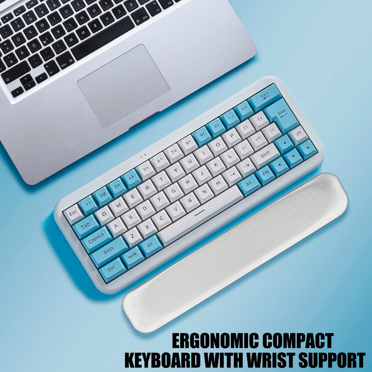 7KEYS 60% 2.4G Wireless Gaming Keyboard with Wrist Rest, Compact 63 Keys Mini RGB Light up Keyboard for PC Mac Laptop, Portable, Rechargeable Suit for Typing and Gaming(White&Blue)