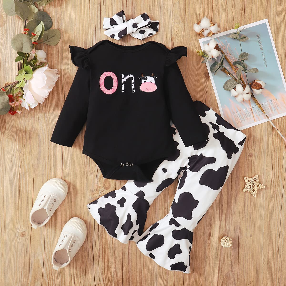 Detigee 1st Birthday Outfit for Girls Cow Birthday Outfit Infant First Birthday Clothes (Black,12-18 Months) (A1019A)