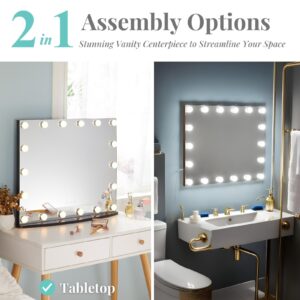 LUXFURNI Vanity Mirror with Makeup Lights, Large Hollywood Light up Mirrors w/ 18 LED Bulbs for Bedroom Tabletop & Wall Mounted (26Lx21W, Black)