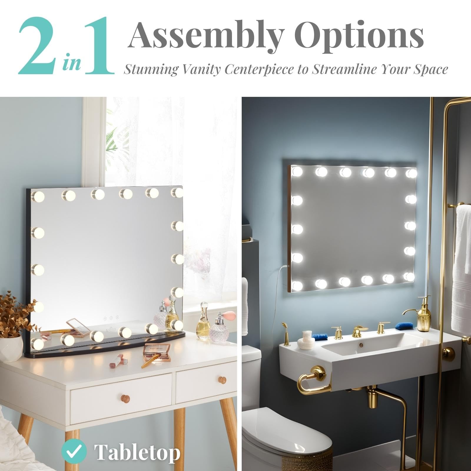 LUXFURNI Vanity Mirror with Makeup Lights, Large Hollywood Light up Mirrors w/ 18 LED Bulbs for Bedroom Tabletop & Wall Mounted (26Lx21W, Black)