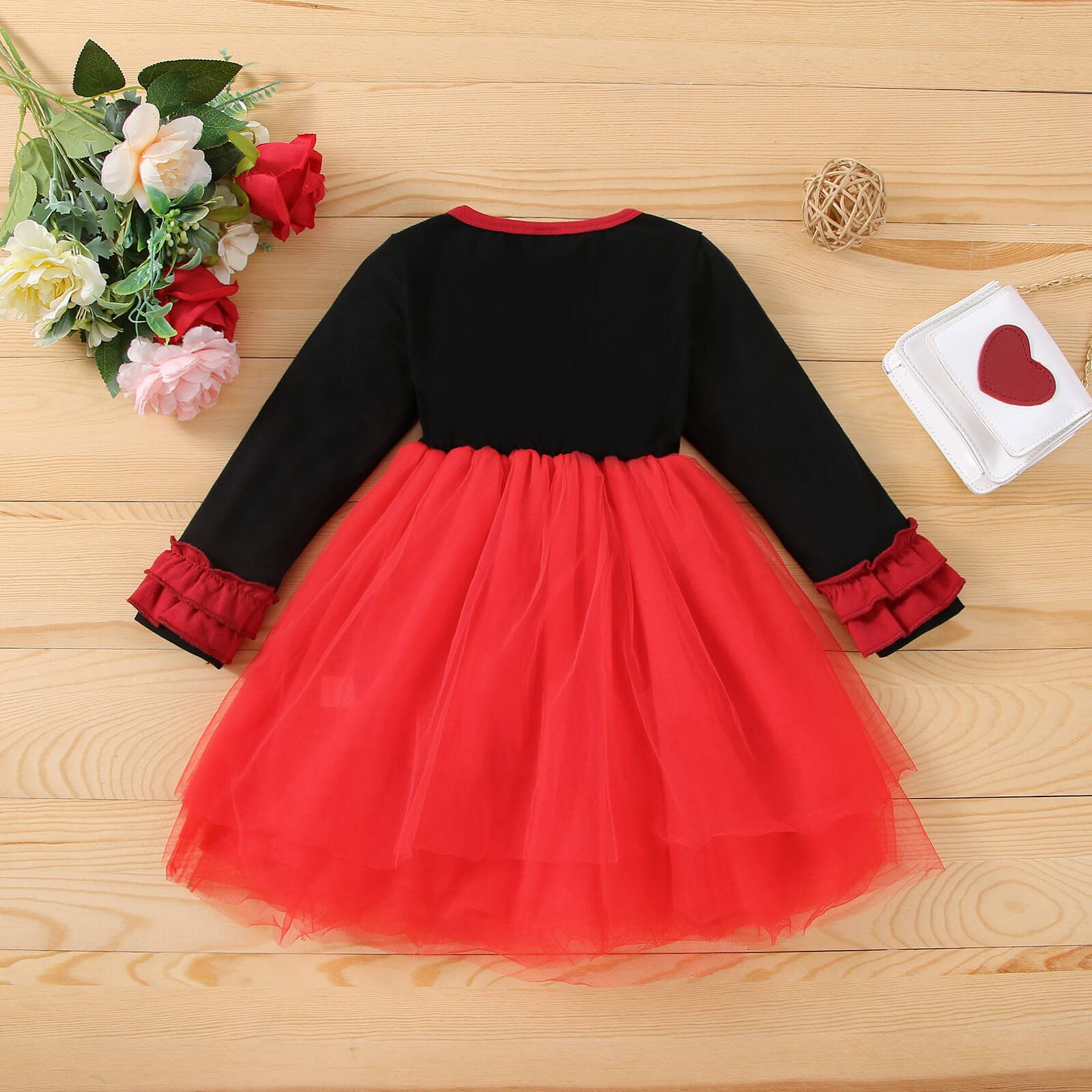 GUMEMO Valentine's Day Kids Toddler Baby Girls Mother's Day Birthday Dress Outfit Long Sleeve Princess Party Tutu Skirt Dress Playwear Clothes (3-4 Years, Black+Red)