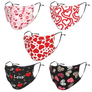 SeBneny 5 Pcs Valentine's Day Face_Mask Heart Reusable Washable Cloth Mask Red Heart Love Design Mouth Cover Wedding Facial Shield Adult Spring Face Protection Shield Balaclava Adjustable Ear Straps