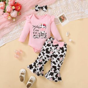 Detigee Baby Girl Cow Print Outfit Newborn Coming Home Bodysuit Baby Bell Bottom Outfit (Black,0-3 Months)