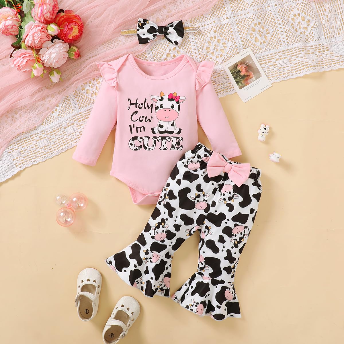 Detigee Baby Girl Cow Print Outfit Newborn Coming Home Bodysuit Baby Bell Bottom Outfit (Black,0-3 Months)