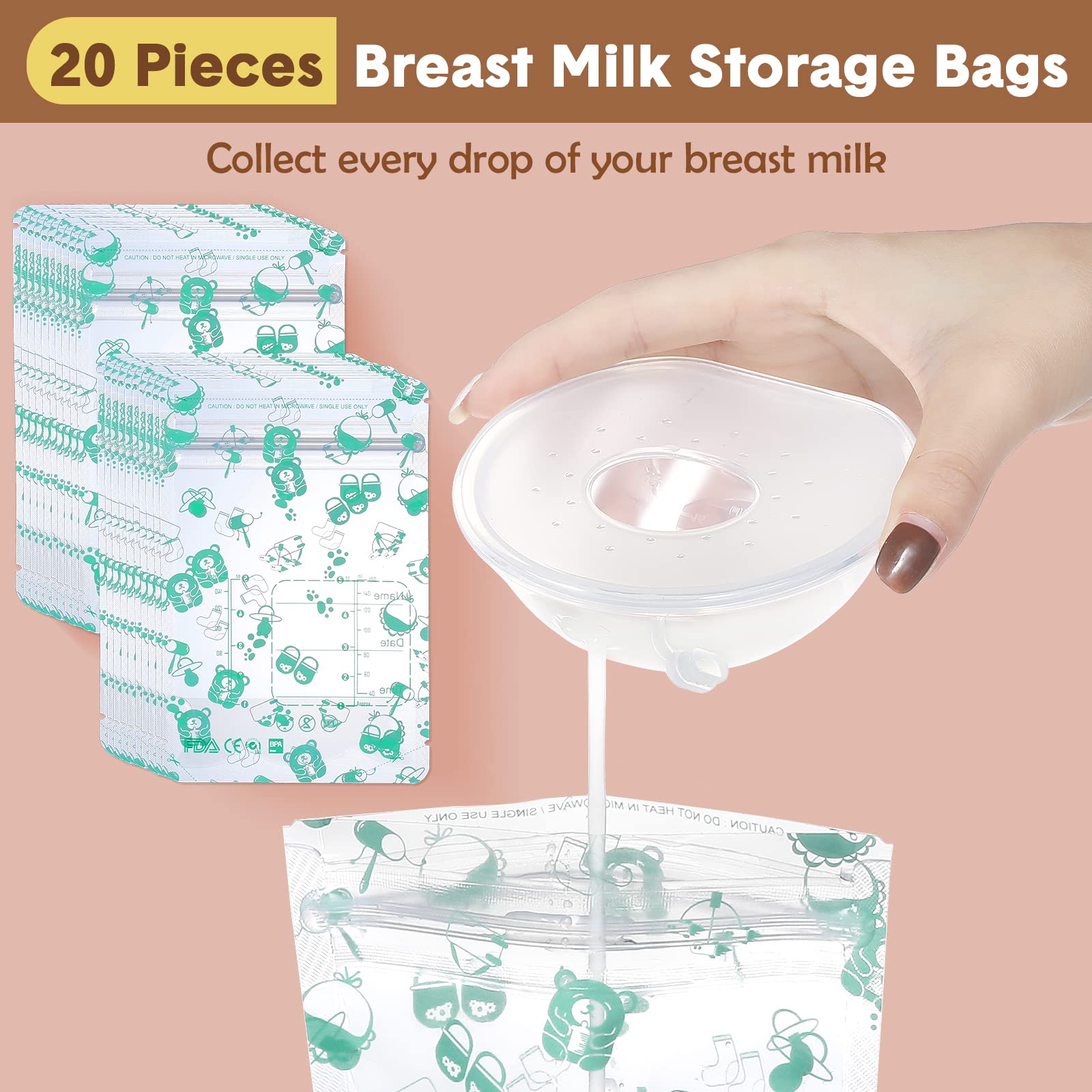 Lictin Breast Shell Breastmilk Collector for Breastfeeding 2 Pcs Silicone Breast Pad Nursing Cup Milk Saver for Nursing Moms Protect Sore Nipples Soft and Reusable with 20 Breast Milk Storage Bags