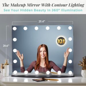 LUXFURNI Vanity Mirror with Makeup Lights, Large Hollywood Light up Mirrors w/ 18 LED Bulbs for Bedroom Tabletop & Wall Mounted (26Lx21W, Black)