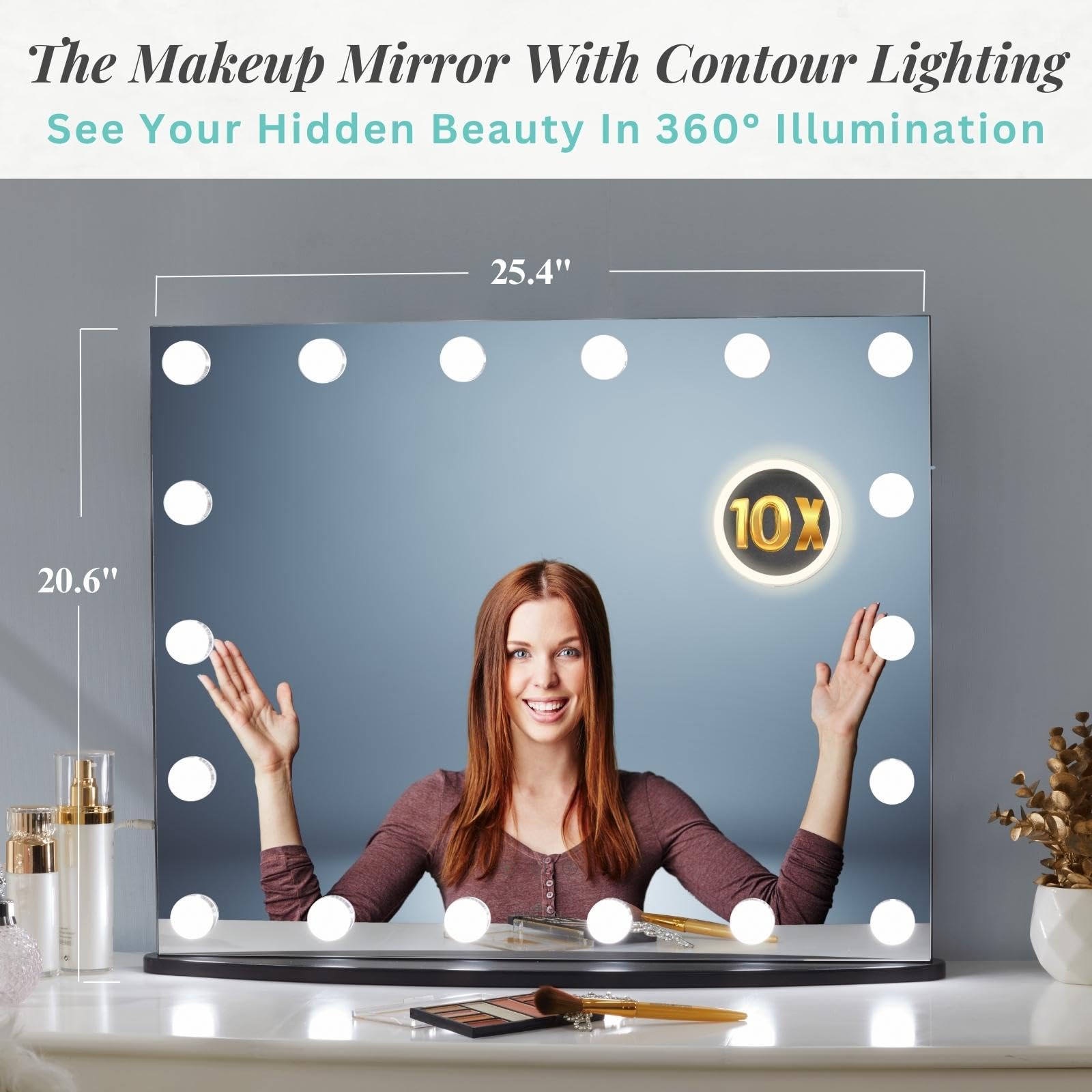 LUXFURNI Vanity Mirror with Makeup Lights, Large Hollywood Light up Mirrors w/ 18 LED Bulbs for Bedroom Tabletop & Wall Mounted (26Lx21W, Black)