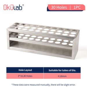 Okulab Test Tube Rack, 30 Holes Stainless Steel Test Tube Rack, with Extended Edges Providing Handles, Suitable for Tubes of Dia.≤18mm, Round Holes Test Tube Holder, for Classroom, Lab, TTRS30A1