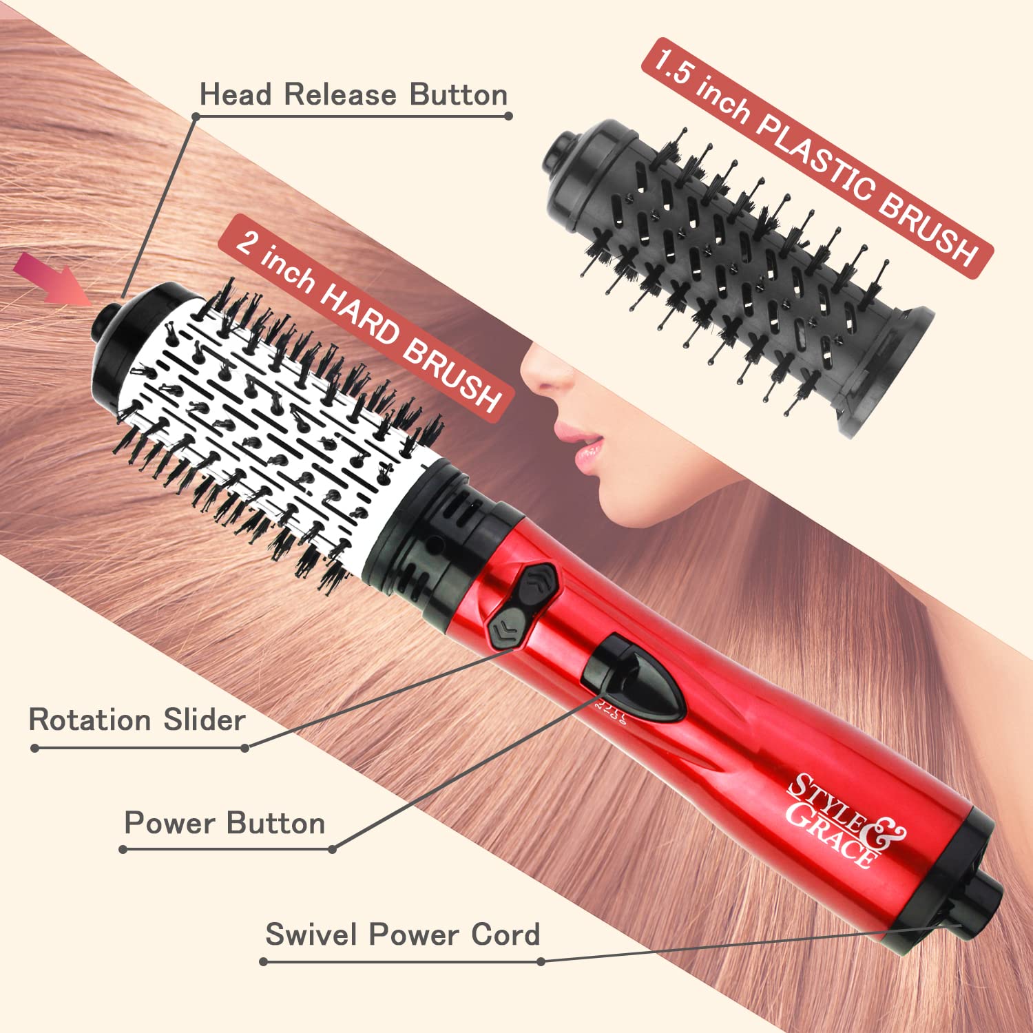 Hot Air Brush Styler and Dryer,Rotating Hair Dryer Brush for Salon at Home,2-in-1 Electric Rotating Hair Curlyer Comb for Stylish Vibrant Curly Hair (Red)…