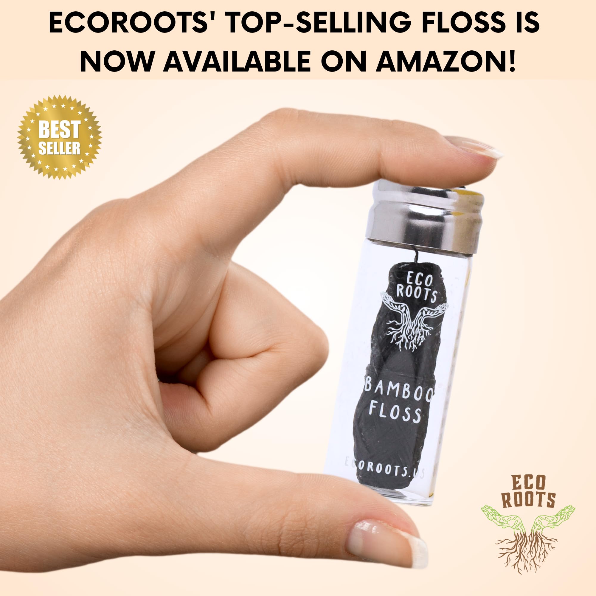 ECO ROOTS Bamboo Floss, Eco Friendly Dental Floss | Reusable Flosser Glass Holder | Vegan Bamboo Flossers | Zero Waste, Plastic Free, Biodegradable Tooth Floss | Sustainable Products