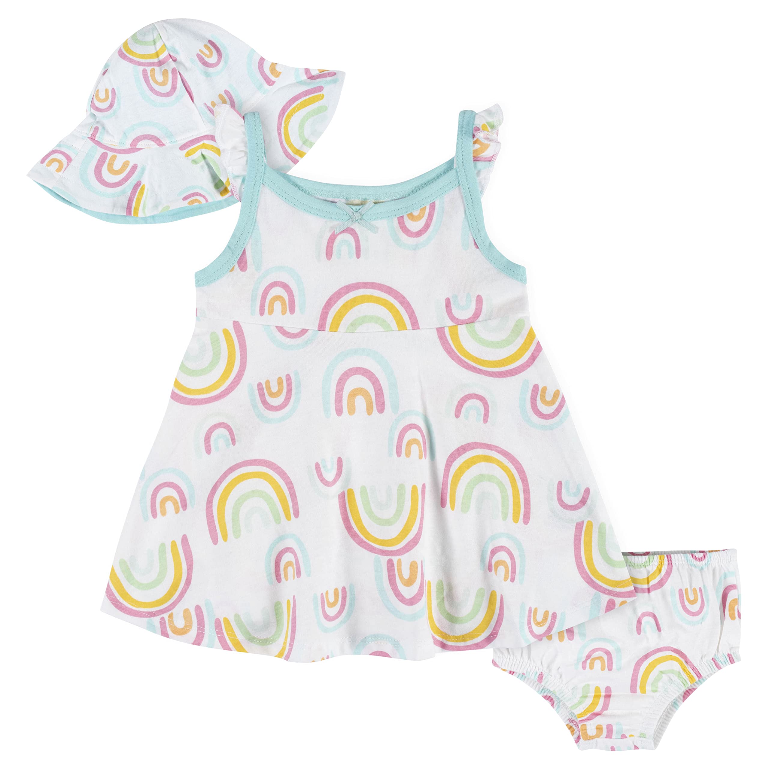 Gerber Baby Girls' 3-Piece Sundress, Diaper Cover and Hat Set, Rainbow Print, 6-9 Months