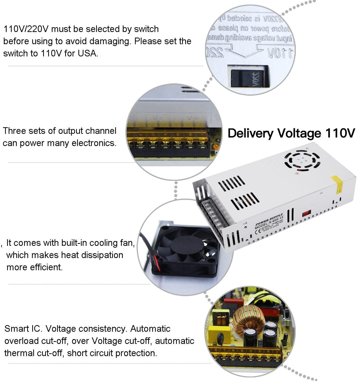 DC 12V 50A 600W Power Supply Adapter Transformer Switch AC 110V / 220V to DC 12V 20amp Switching Converter LED Driver for LED Strip Light CCTV Camera Security System Radio,Computer Project,3D Printer