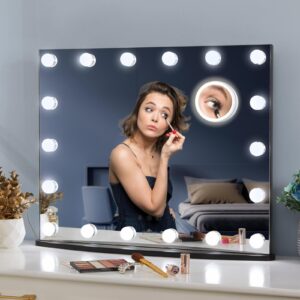 luxfurni vanity mirror with makeup lights, large hollywood light up mirrors w/ 18 led bulbs for bedroom tabletop & wall mounted (26lx21w, black)