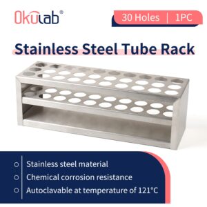 Okulab Test Tube Rack, 30 Holes Stainless Steel Test Tube Rack, with Extended Edges Providing Handles, Suitable for Tubes of Dia.≤18mm, Round Holes Test Tube Holder, for Classroom, Lab, TTRS30A1