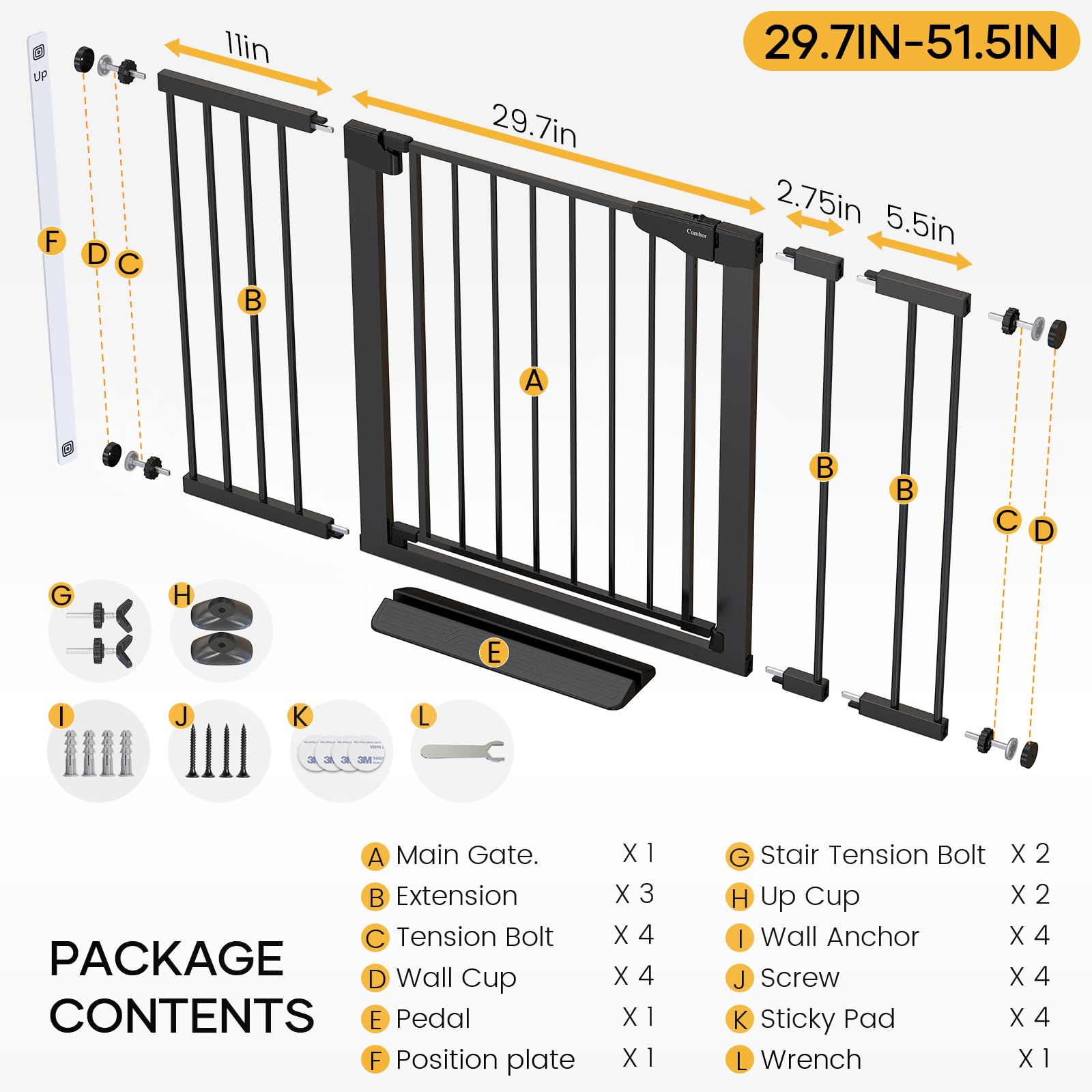 Cumbor 46 &51.5-Inch Baby Gate Extra Wide, Easy Walk Thru Dog Gate for The House, Auto Close Baby Gates for Stairs, Doorways