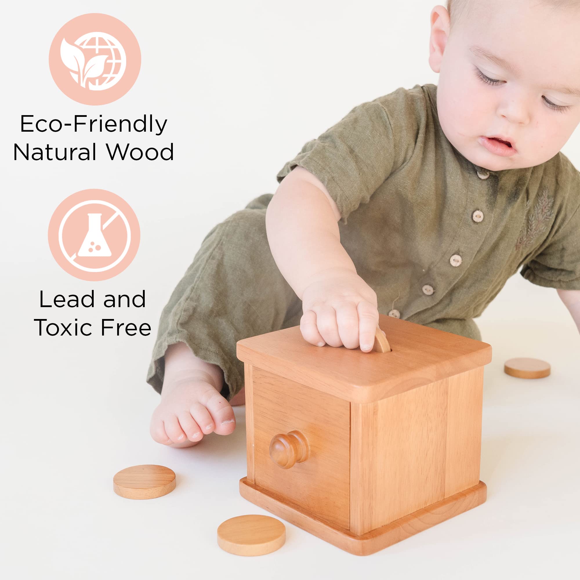 Wooden Coins for Montessori Object Permanence Coin Box - Chunky Wood Replacement Coin Set - Wooden Tokens for Counting - Montessori Toys for 1 Year Old - Infant Developmental Coin Drop Toys