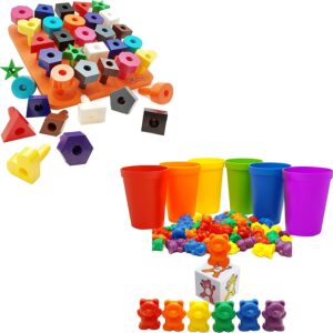 skoolzy stacking toddler peg board 38 piece set and rainbow sorting bears with matching cups 69 piece set montessori occupational therapy toddler toys kit with storage bags and ebook