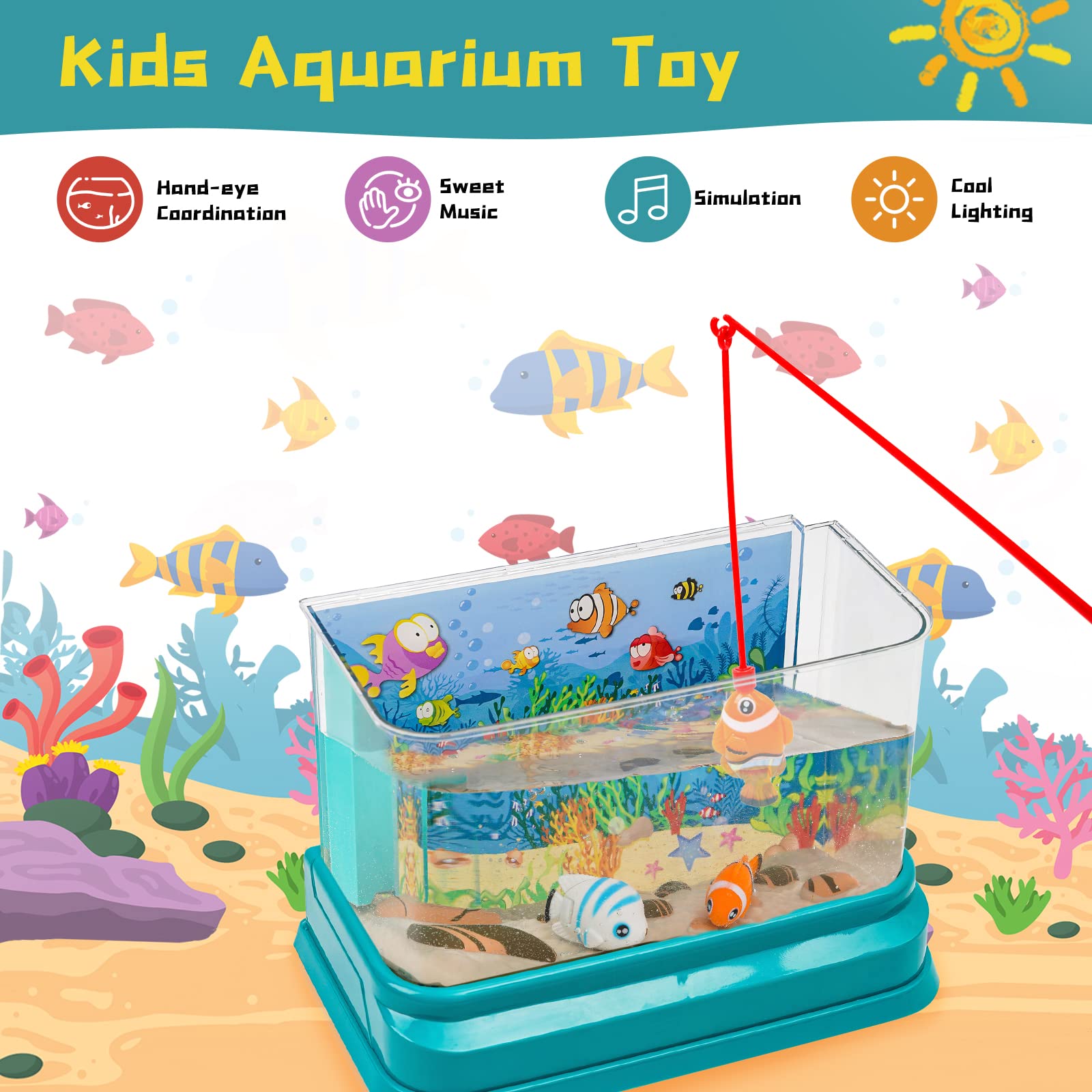 Aquarium Fishing Toy for Kids, Fishing Game Toy for Toddlers with Light and Music, Mini Kids Aquarium Toy Gift for Boys and Girls