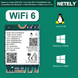 NETELY 802.11AX WiFi 6 AX200NGW MGFF M2 Interface WiFi Adapter with Bluetooth 5.0, WiFi 6 3000Mbps Speed, 2.4GHz 574Mbps & 5GHz 2400Mbps, Intel WiFi 6 AX200NGW WiFi Card (WiFi 6 AX200NGW)