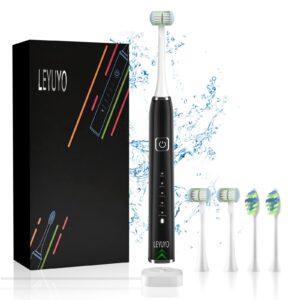 leyuyo travel sonic electric toothbrush 360° cleaning 3 sided brush head 3d waterproof rechargeable tooth brush for adults with 4pcs brush heads replacement, timer, 5 modes, black