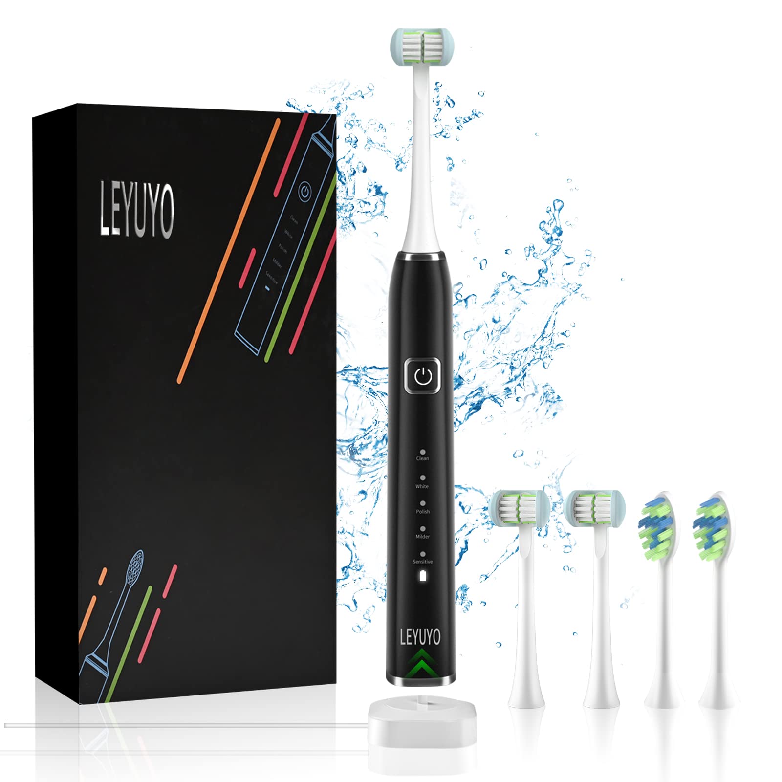 LEYUYO Travel Sonic Electric Toothbrush 360° Cleaning 3 Sided Brush Head 3D Waterproof Rechargeable Tooth Brush for Adults with 4pcs Brush Heads Replacement, Timer, 5 Modes, Black