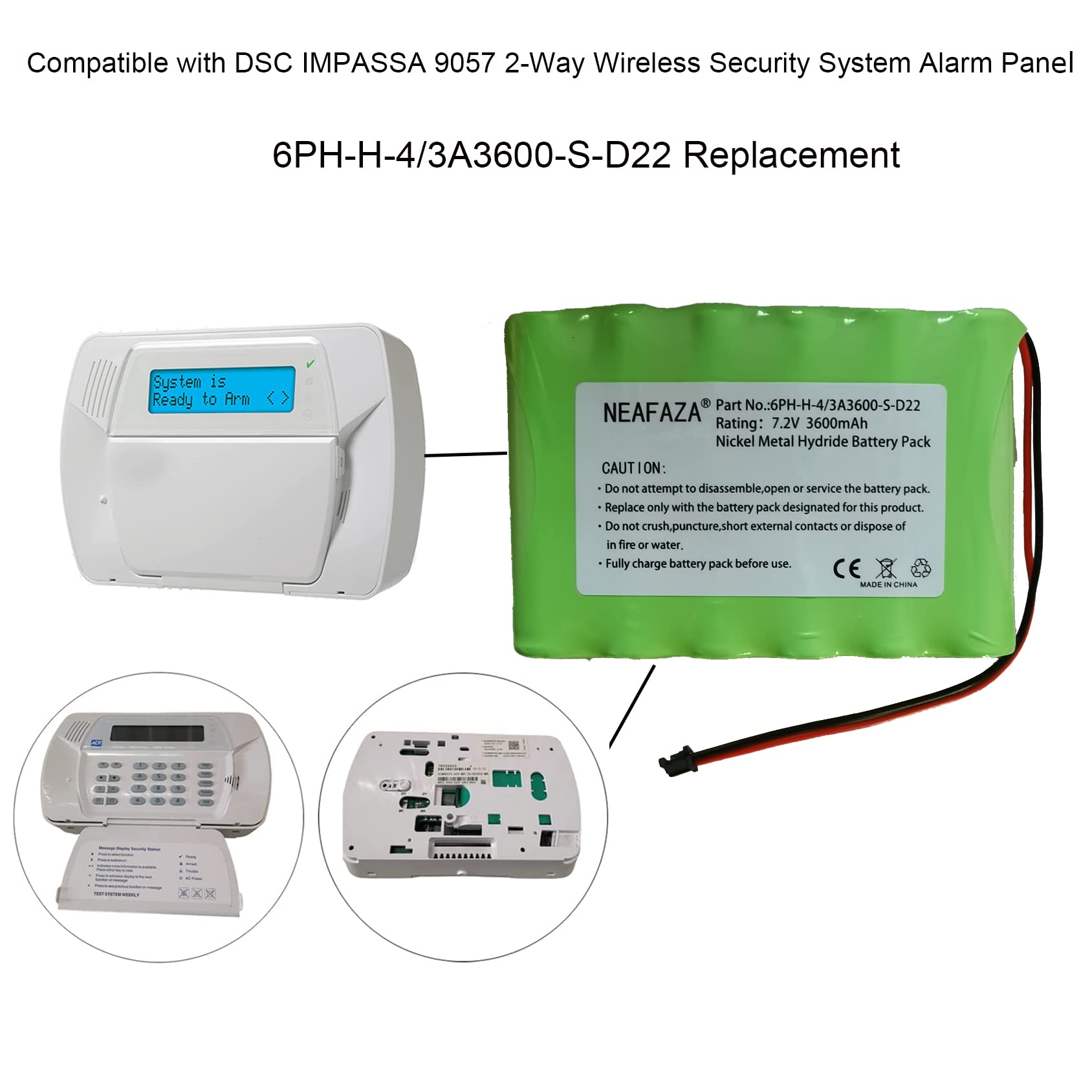 NEAFAZA 6PH-H-4/3A3600-S-D22 7.2V 3600mAh Ni-MH Battery Compatible with DSC IMPASSA SCW9057 SCW9055 ADT SCW9057G-433 Wireless Security System Alarm Panel