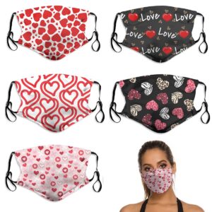 sebneny 5 pcs valentine's day face_mask heart reusable washable cloth mask red heart love design mouth cover wedding facial shield adult spring face protection shield balaclava adjustable ear straps