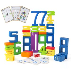 dipalent montessori number blocks, 30 pcs stem math building stacking blocks, educational numbers blocks set includes activity cards (all 74 pcs set)