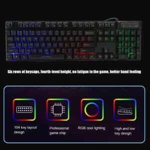 USB Gaming Keyboard, Quick Response Backlit Keyboard 104 Keys Wired One Piece Design High and Low Key Design RGB Lighting Effect for Gaming for Office for Home(H600 black characters-single keyboard)