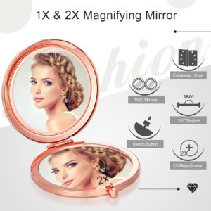 Yulejo 6 Pieces Magnifying Compact Cosmetic Mirror Mini Diamond 1X/ 2X Makeup Mirror 2.75 Inch Round Pocket Travel Makeup Folding Small Purse Size Mirror for Women Girls Bridesmaid Gift(Rose Gold)