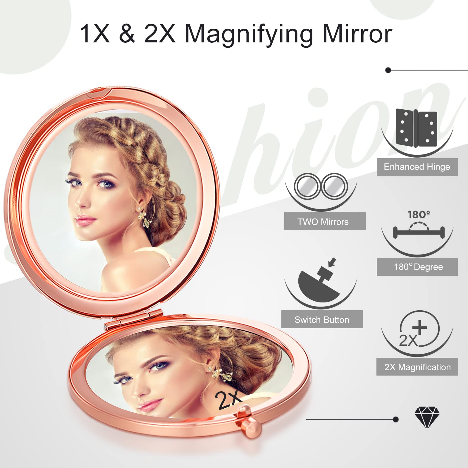 Yulejo 6 Pieces Magnifying Compact Cosmetic Mirror Mini Diamond 1X/ 2X Makeup Mirror 2.75 Inch Round Pocket Travel Makeup Folding Small Purse Size Mirror for Women Girls Bridesmaid Gift(Rose Gold)