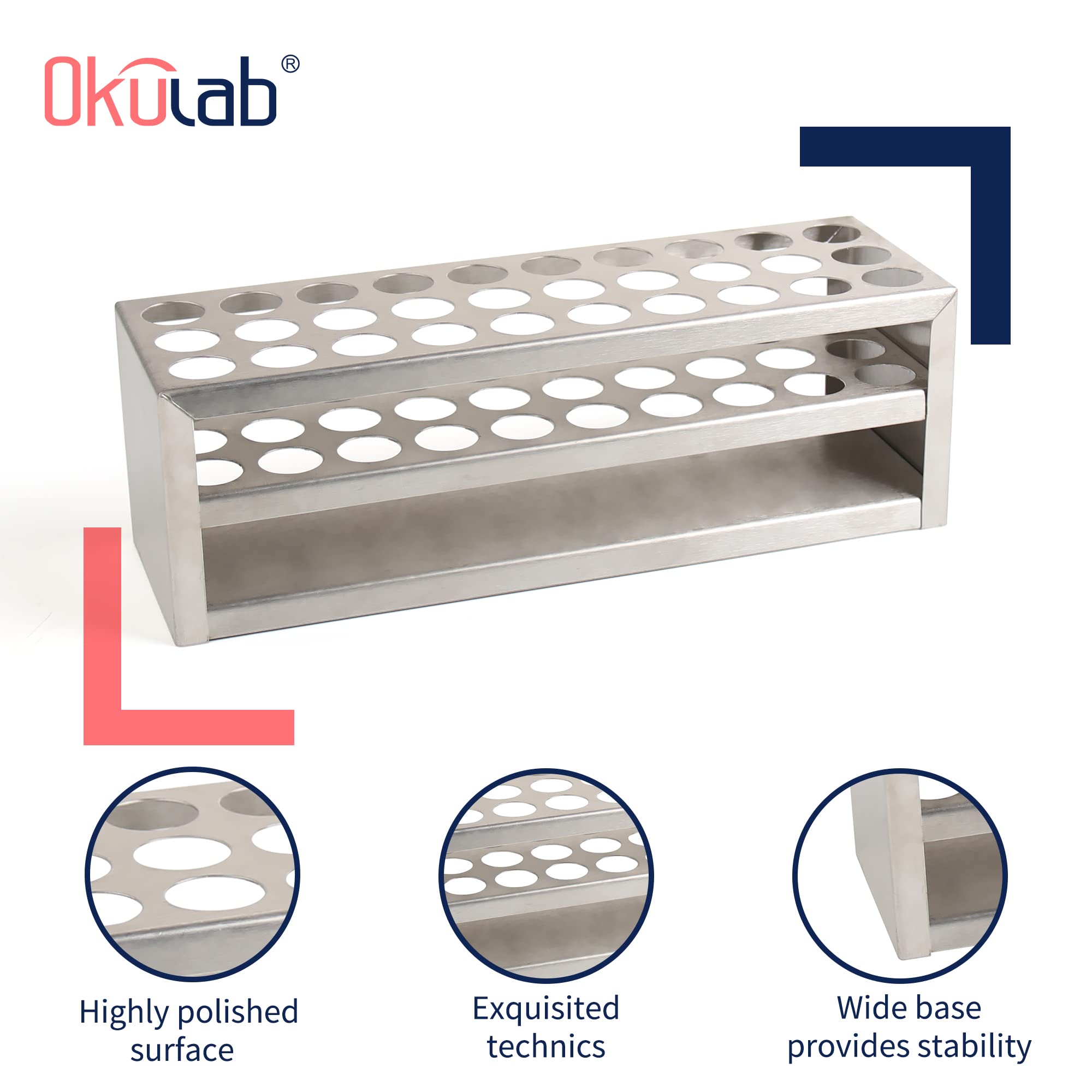 Okulab Test Tube Rack, 30 Holes Stainless Steel Test Tube Rack, with Extended Edges Providing Handles, Suitable for Tubes of Dia.≤18mm, Round Holes Test Tube Holder, for Classroom, Lab, TTRS30A1