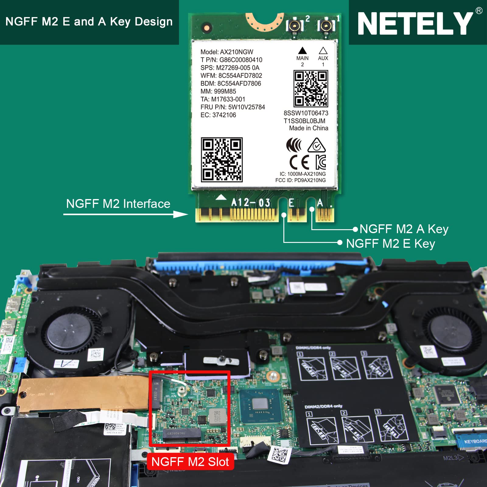 NETELY WiFi 6E AX210NGW 5400Mbps Tri-band NGFF M2 Interface WiFi Adapter with Bluetooth 5.2 for Windows 10 11 64bit Laptop PCs, 2.4GHz 574Mbps 5GHz 2400Mbps 6GHz 2400Mbps for Gaming (WiFi 6E AX210NGW)