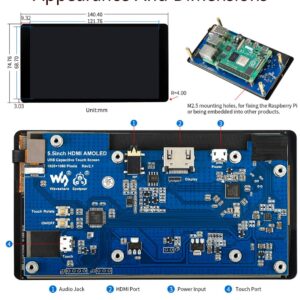 5.5inch Capacitive Touch AMOLED Display, 1080x1920 Pixel LCD Screen with Toughened Glass Cover, Support Raspberry Pi Raspberry Pi 4B/3B+/3B/2B/Zero/Zero W/Jetson Nano/Windows 11 /10 /8.1 /8 /7