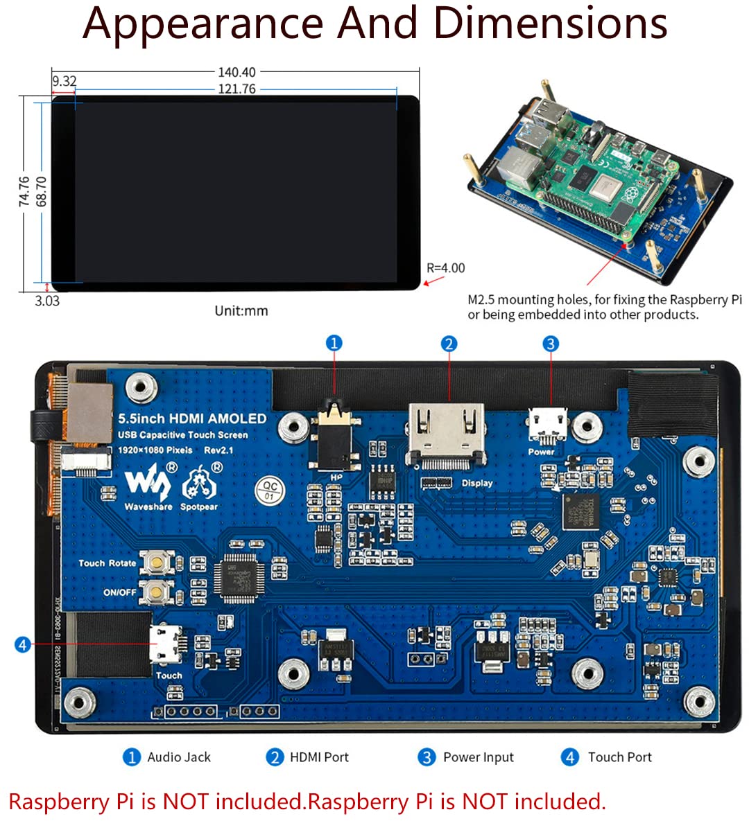 5.5inch Capacitive Touch AMOLED Display, 1080x1920 Pixel LCD Screen with Toughened Glass Cover, Support Raspberry Pi Raspberry Pi 4B/3B+/3B/2B/Zero/Zero W/Jetson Nano/Windows 11 /10 /8.1 /8 /7