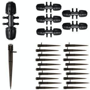 25pcs drip irrigation kits, 5 barbed tee 1/2 inch to 1/4 inch irrigation tube variable diameter six-way adapter and 20 dripper emitters sprayer for 4mm/7mm hose with stake water flow adjustable