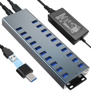 royata powered usb hub industrial grade usb 2.0 hub 20 port 12v/10 power support charger data sync and charging station with separate on/off switch and light for laptops, pcs,etc.