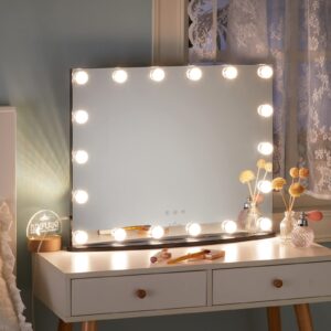 LUXFURNI Vanity Mirror with Makeup Lights, Large Hollywood Light up Mirrors w/ 18 LED Bulbs for Bedroom Tabletop & Wall Mounted (26Lx21W, Black)