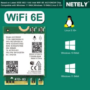 NETELY WiFi 6E AX210NGW 5400Mbps Tri-band NGFF M2 Interface WiFi Adapter with Bluetooth 5.2 for Windows 10 11 64bit Laptop PCs, 2.4GHz 574Mbps 5GHz 2400Mbps 6GHz 2400Mbps for Gaming (WiFi 6E AX210NGW)