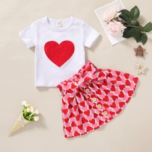 YOUNGER TREE Toddler Baby Girl Valentine's Day Outfit Heart T-shirt Tops and A-line Skirt Sets Kids 2Pcs Fashion Clothes (Heart print, 3T-4T)