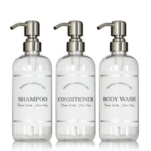 clear refillable shampoo and conditioner bottles - body wash, shampoo and conditioner dispenser - pet plastic shampoo bottles refillable with pump - waterproof labels - 16 oz, 3 pack (stainless steel)